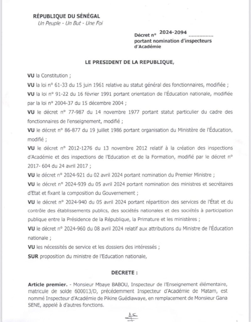 Éducation : voici le décret portant nomination des inspecteurs d ...